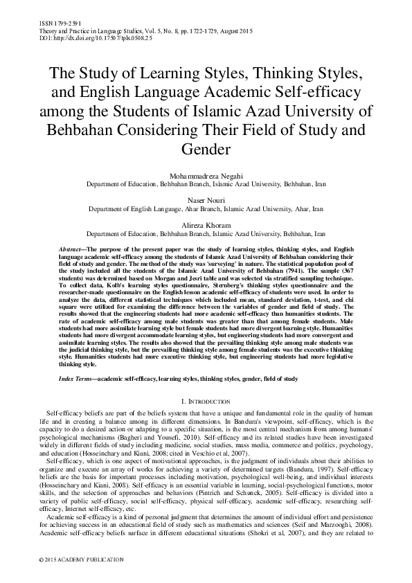 (PDF) The Study of Learning Styles, Thinking Styles, and English ...