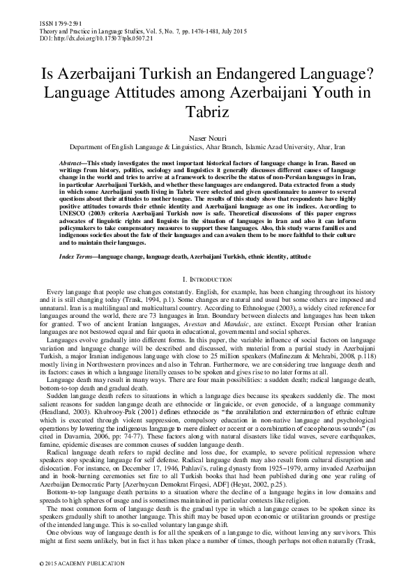 (PDF) Is Azerbaijani Turkish an Endangered Language? Language Attitudes ...