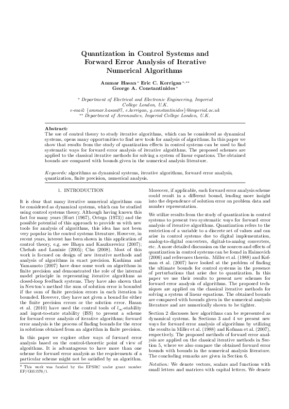 Pdf Quantization In Control Systems And Forward Error Analysis Of Iterative Numerical Algorithms