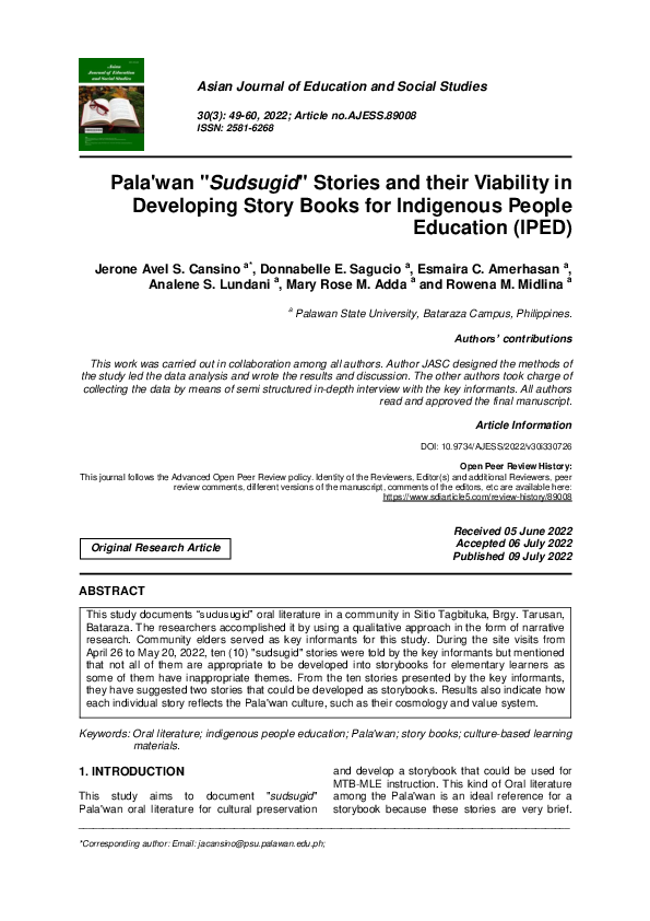 (PDF) Pala'wan "Sudsugid" Stories and their Viability in Developing ...