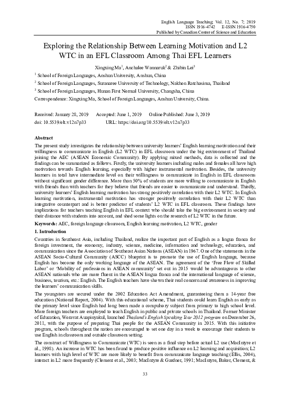 Pdf Exploring The Relationship Between Learning Motivation And L2 Wtc In An Efl Classroom