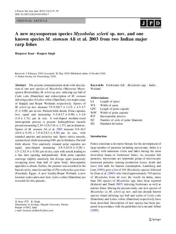 (PDF) A new myxosporean species Myxobolus sclerii sp. nov. and one ...