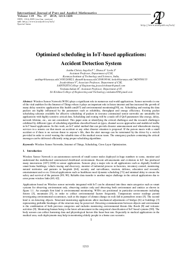 Pdf Optimized Scheduling In Iot Based Applications Accident Detection System Anitha Christy
