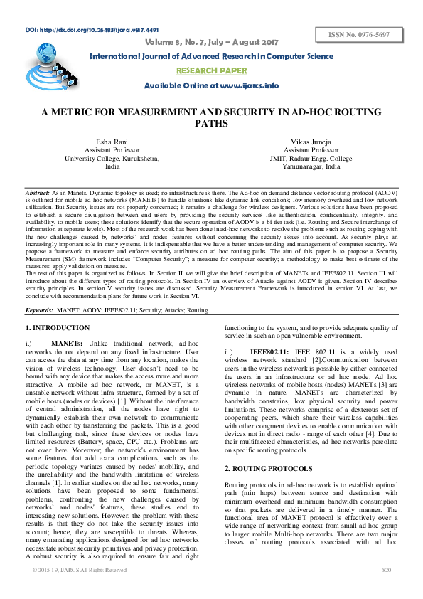 (PDF) A Metric for Measurement and Security in Ad-Hoc Routing Paths