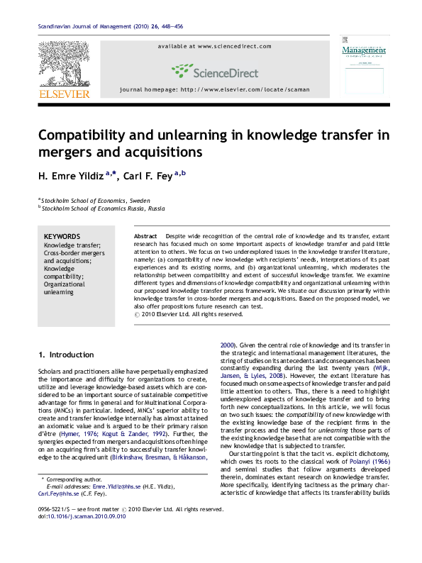 (PDF) Compatibility and unlearning in knowledge transfer in mergers and ...