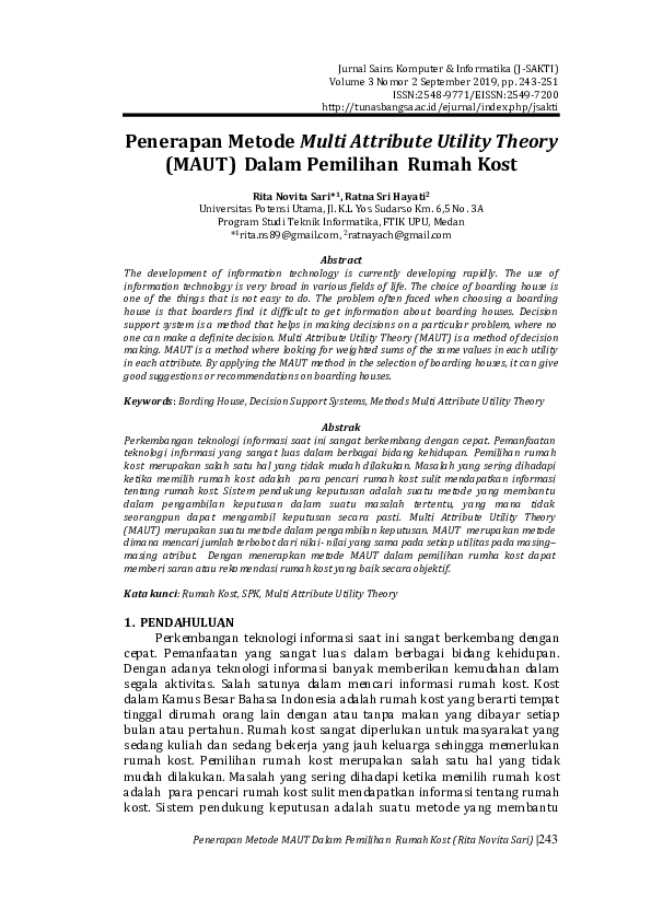 (PDF) Penerapan Metode Multi Attribute Utility Theory (MAUT) Dalam Pemilihan Rumah Kost