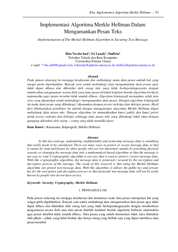 (PDF) Implementasi Algoritma Merkle Hellman Dalam Mengamankan Pesan Teks