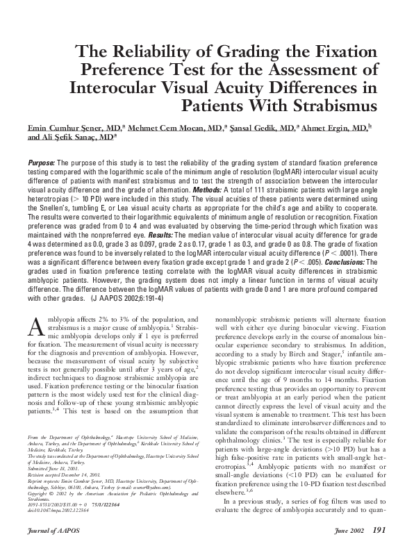 (PDF) The reliability of grading the fixation preference test for the ...