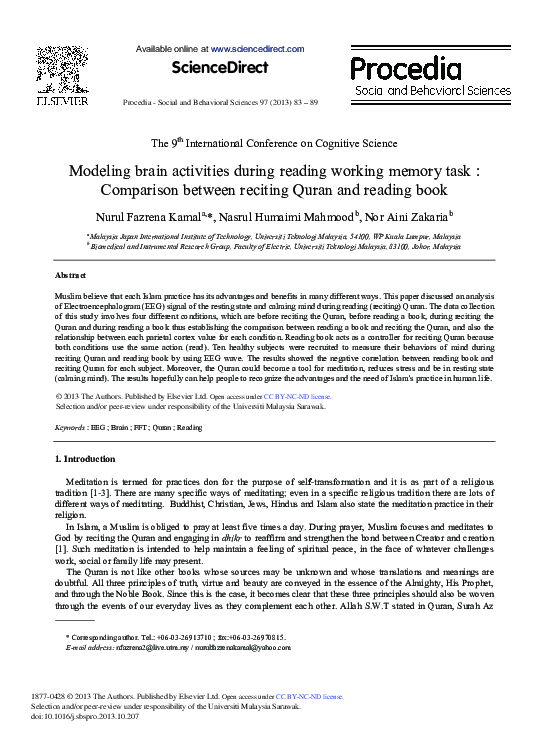 (PDF) Modeling Brain Activities during Reading Working Memory Task: Comparison between Reciting ...