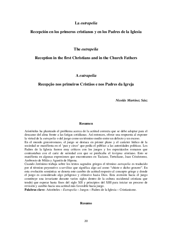 (PDF) La eutrapelia: recepción en los primeros cristianos y en los ...