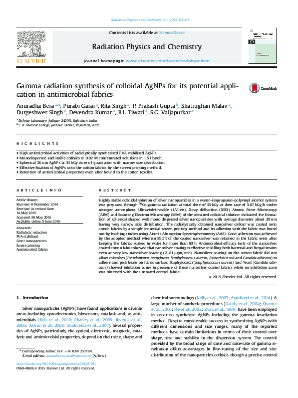 (PDF) Gamma radiation synthesis of colloidal AgNPs for its potential application in ...