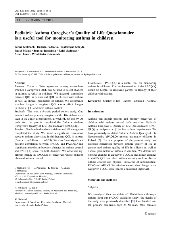 (PDF) Pediatric Asthma Caregiver’s Quality of Life Questionnaire is a ...