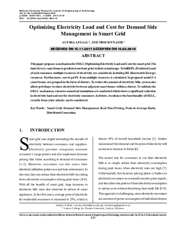 Pdf Optimizing Electricity Load And Cost For Demand Side Management In Smart Grid