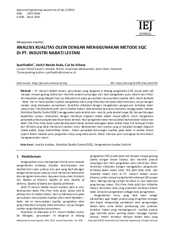(PDF) Analisis Kualitas Olein Dengan Menggunakan Metode SQC DI Pt ...