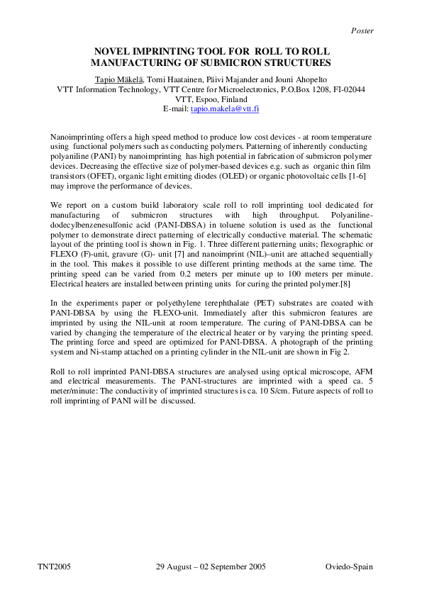 (PDF) Poster NOVEL IMPRINTING TOOL FOR ROLL TO ROLL MANUFACTURING OF SUBMICRON STRUCTURES
