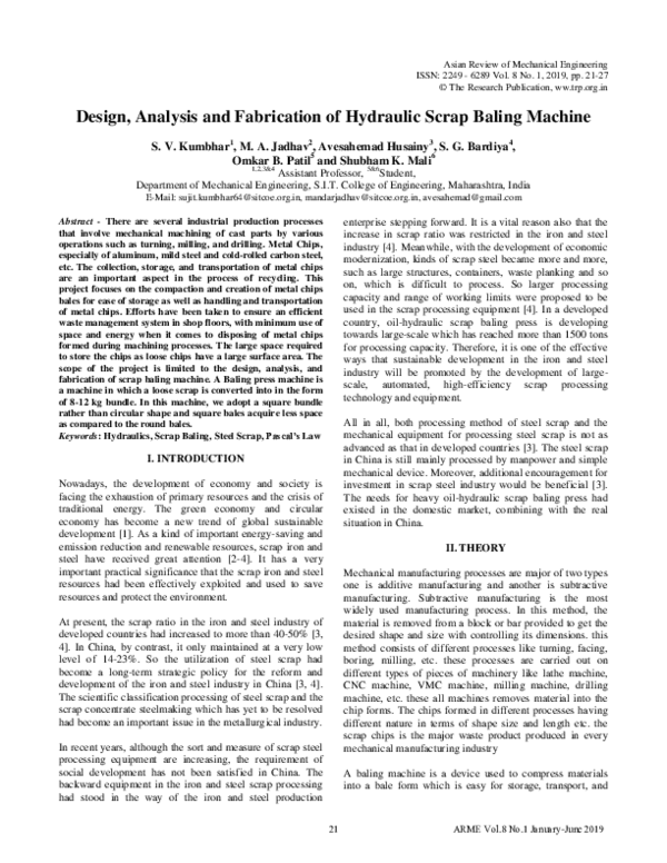 (PDF) Design, Analysis and Fabrication of Hydraulic Scrap Baling Machine