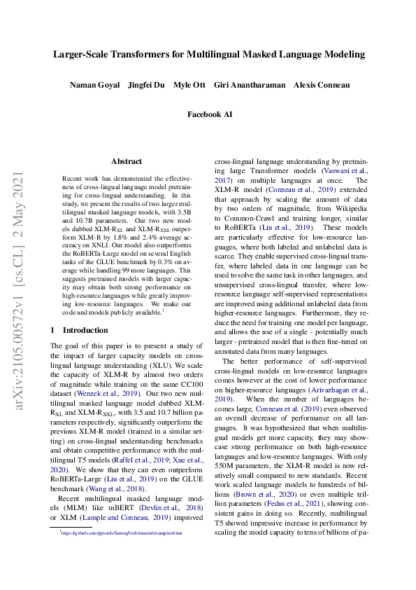 (PDF) Larger-Scale Transformers for Multilingual Masked Language Modeling