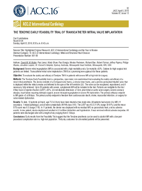 (PDF) The Tendyne Early Feasibility Trial of Transcatheter Mitral Valve ...