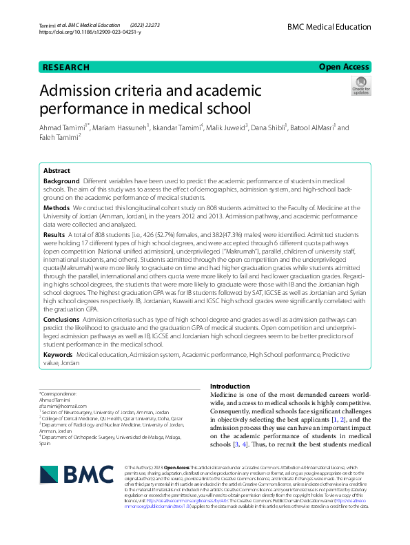 (PDF) Admission criteria and academic performance in medical school