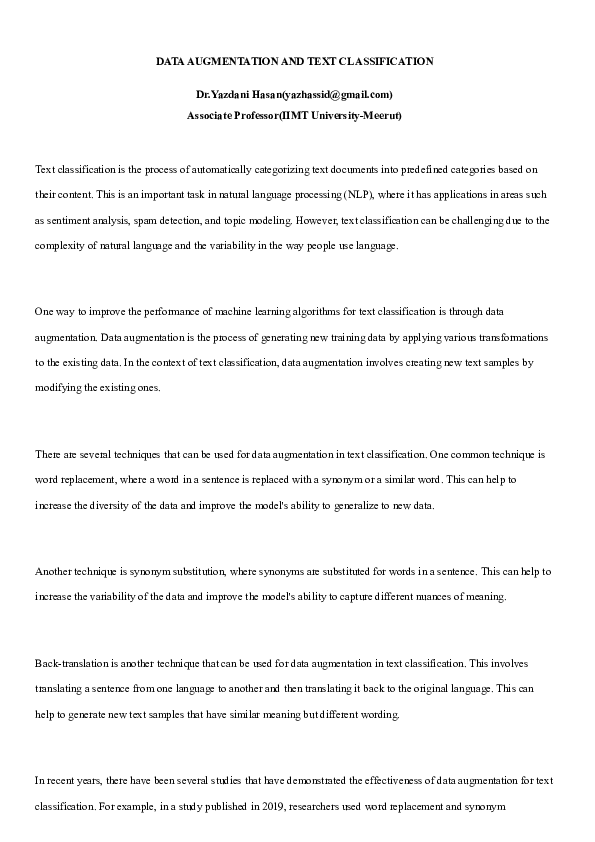 Pdf Data Augmentation And Text Classification Yazdani Hasan