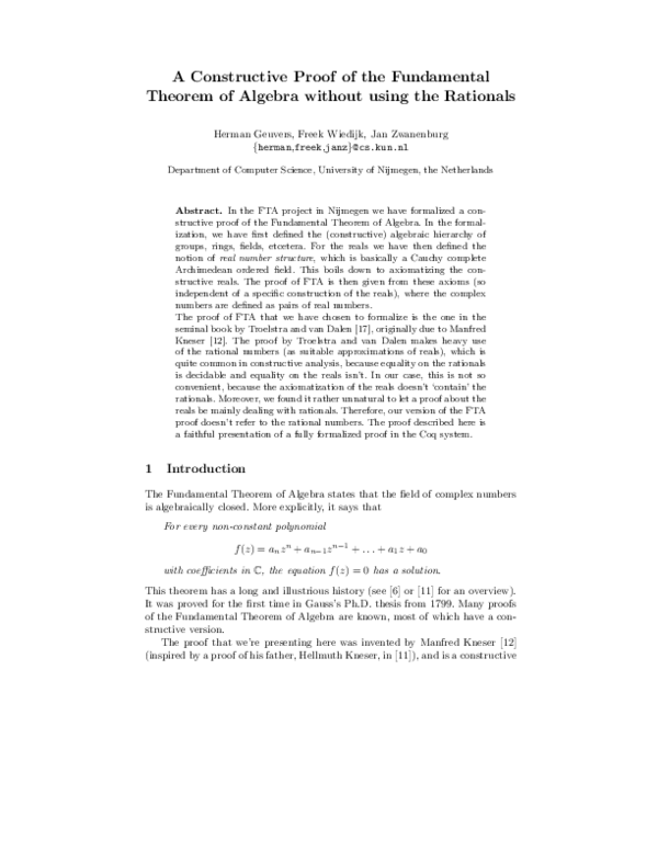 (PDF) A Constructive Proof of the Fundamental Theorem of Algebra without Using the Rationals