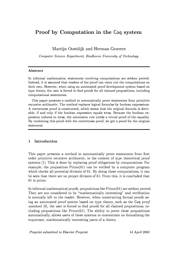 (PDF) Proof by computation in the Coq system | Herman Geuvers ...