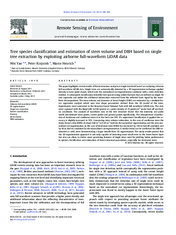 Pdf Tree Species Classification And Estimation Of Stem Volume And Dbh Based On Single Tree