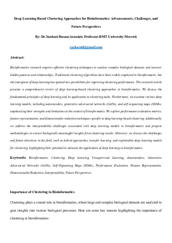 Pdf Deep Learning Based Clustering Approaches For Bioinformatics Advancements Challenges