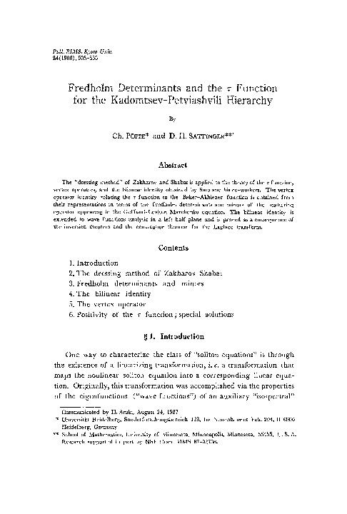 (PDF) Fredholm determinants and the {$\tau$} function for the Kadomtsev-Petviashvili hierarchy
