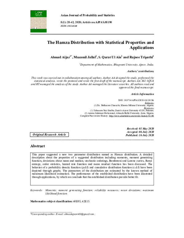 (PDF) The Hamza Distribution with Statistical Properties and Applications