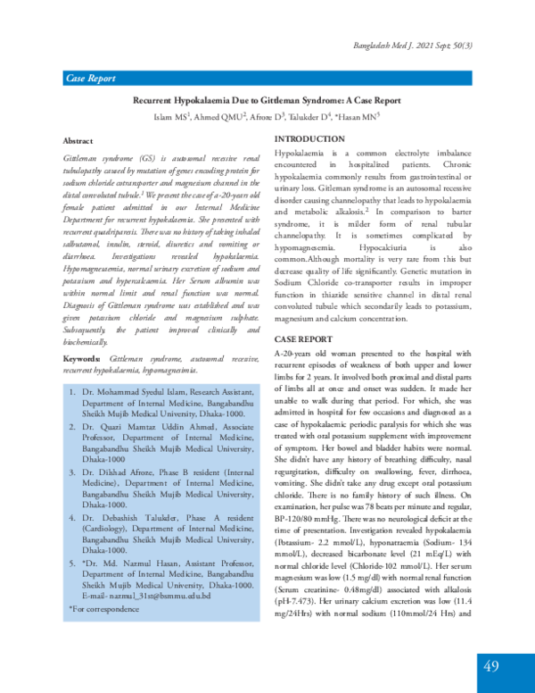 (PDF) Recurrent Hypokalaemia Due to Gittleman Syndrome: A Case Report