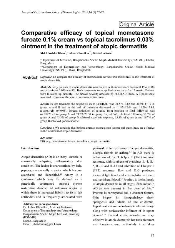 (PDF) Comparative efficacy of topical mometasone furoate 0.1% cream vs topical tacrolimus 0.03% ...