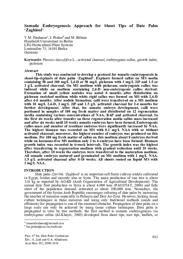 (PDF) Somatic Embryogenesis Approach for Shoot Tips of Date Palm 'Zaghlool