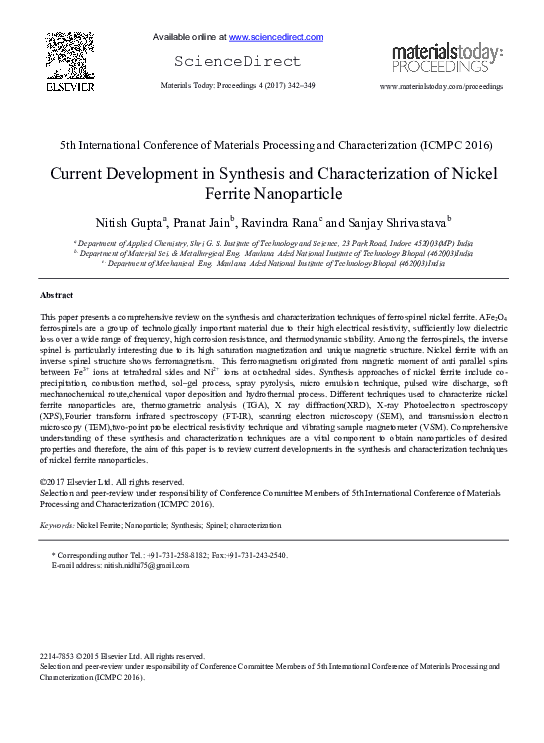 (PDF) Current Development in Synthesis and Characterization of Nickel Ferrite Nanoparticle