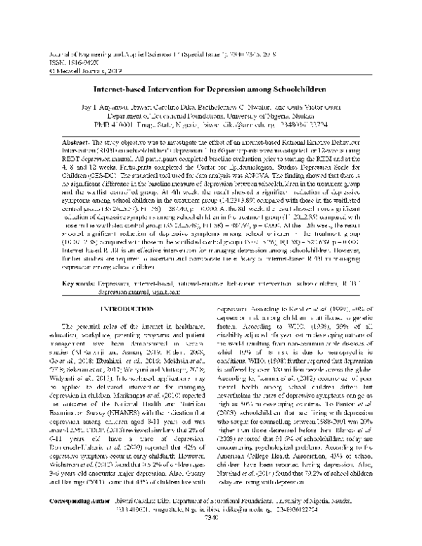 (PDF) Internet-based Intervention for Depression among Schoolchildren