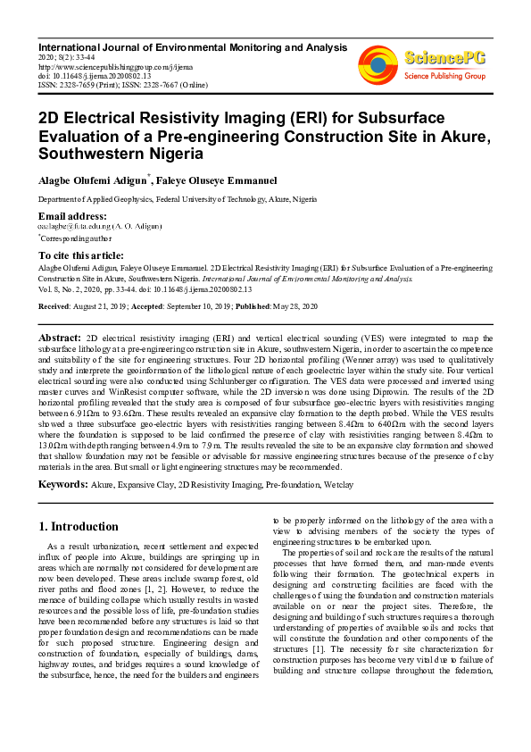 (PDF) 2D Electrical Resistivity Imaging (ERI) for Subsurface Evaluation ...
