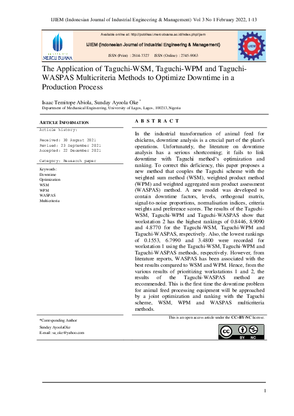 (PDF) The Application of Taguchi-WSM, Taguchi-WPM and Taguchi-WASPAS Multicriteria Methods to ...