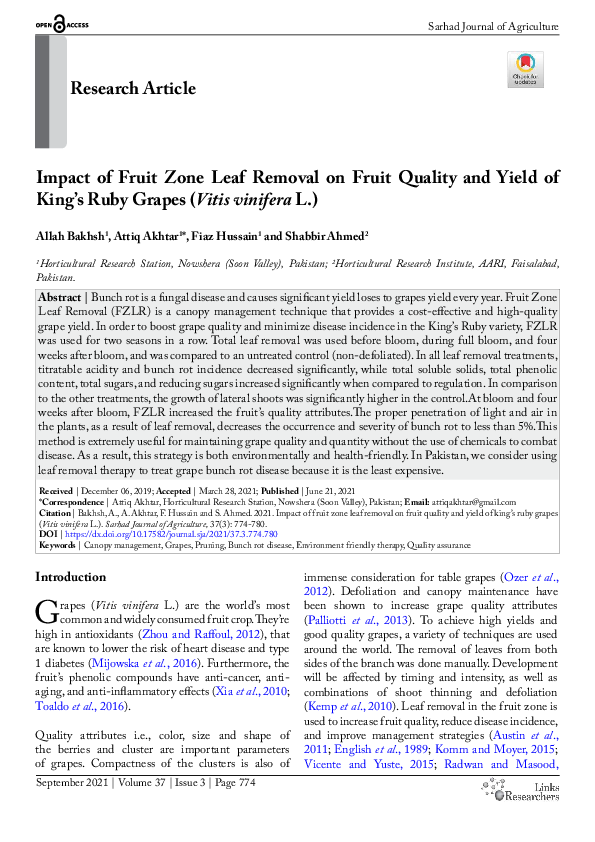 (PDF) Impact of Fruit Zone Leaf Removal on Fruit Quality and Yield of ...