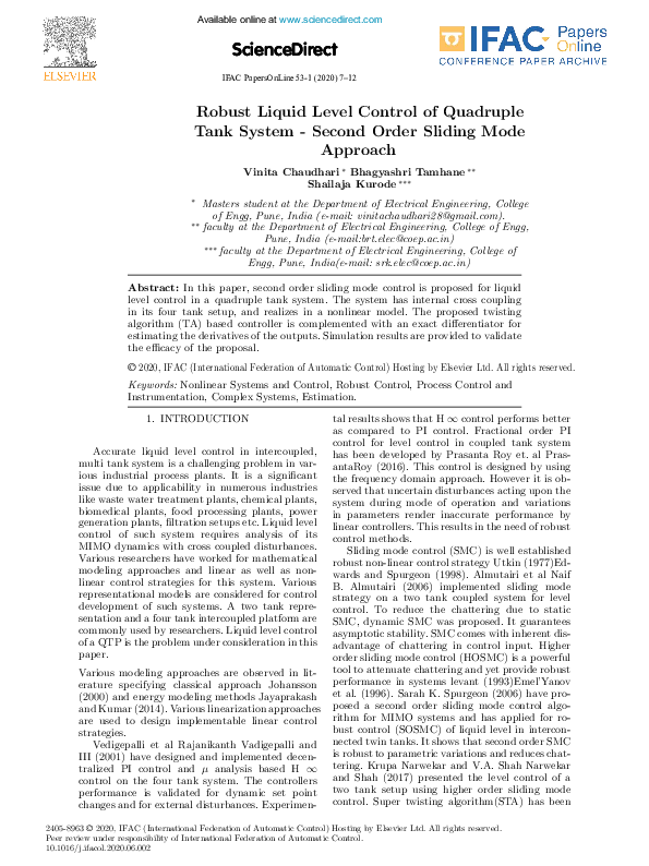 (PDF) Robust Liquid Level Control of Quadruple Tank System - Second ...