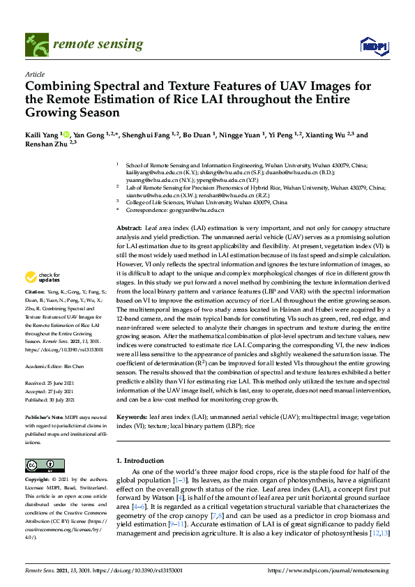 (PDF) Combining Spectral and Texture Features of UAV Images for the Remote Estimation of Rice ...