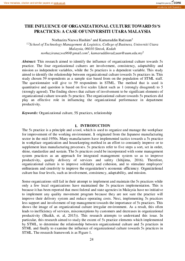 (PDF) The influence of organizational culture toward 5S’s practices: A ...