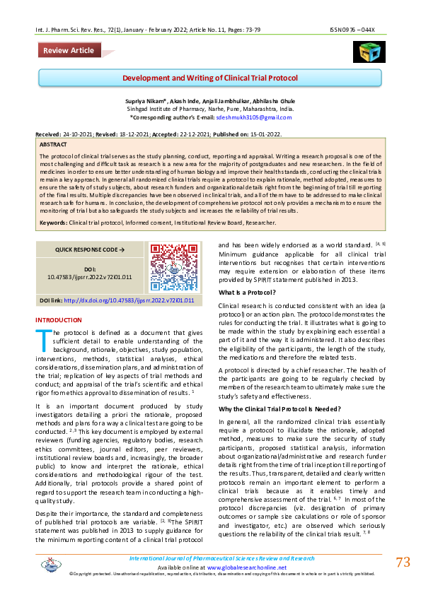 (PDF) Development and Writing of Clinical Trial Protocol