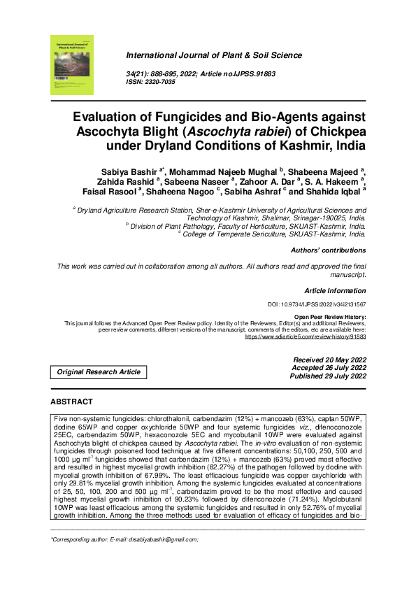 (PDF) Evaluation of Fungicides and Bio-Agents against Ascochyta Blight (Ascochyta rabiei) of ...