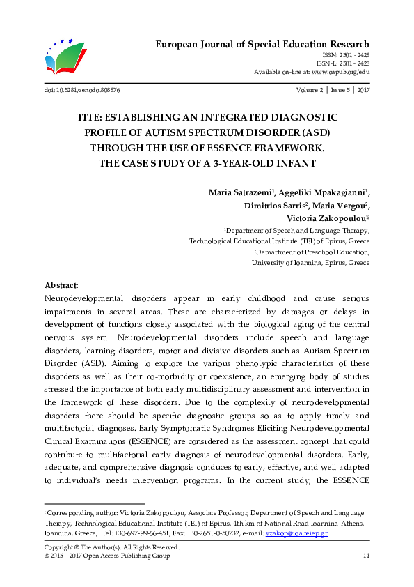 (PDF) Tite: Establishing an Integrated Diagnostic Profile of Autism Spectrum Disorder (Asd ...