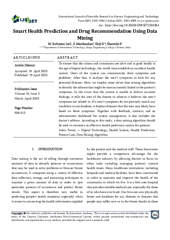 Pdf Smart Health Prediction And Drug Recommendation Using Data Mining