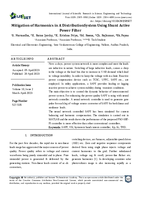 (PDF) Mitigation of Harmonics in A Distribution System Using Shunt Active Power Filter