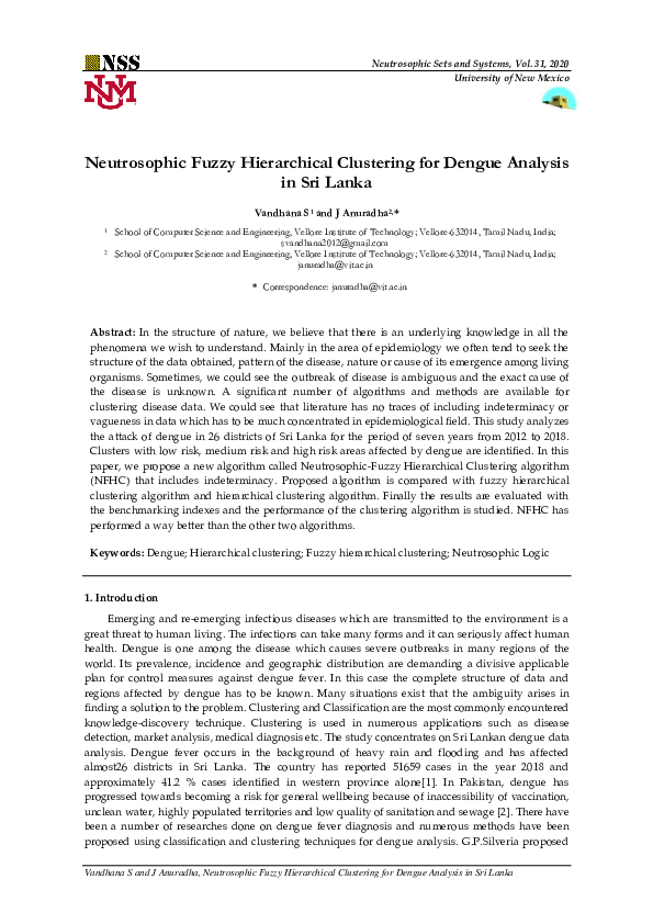 (PDF) Neutrosophic Fuzzy Hierarchical Clustering for Dengue Analysis in Sri Lanka
