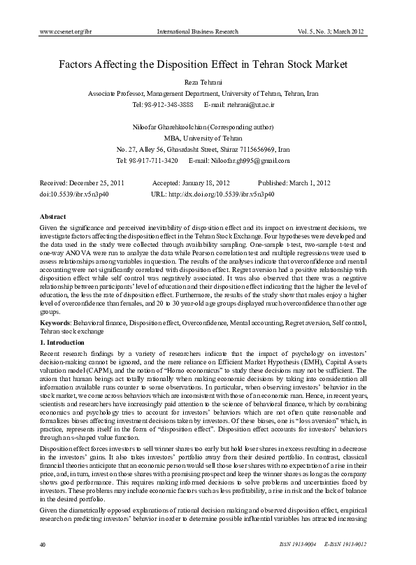 (PDF) Factors Affecting the Disposition Effect in Tehran Stock Market