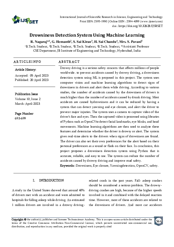 (PDF) Drowsiness Detection System Using Machine Learning | International Journal of Scientific ...