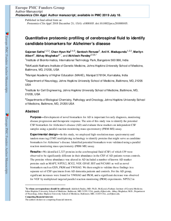 (PDF) Quantitative Proteomic Profiling of Cerebrospinal Fluid to Identify Candidate Biomarkers ...